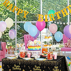 Aneco 2 Pack Black Gold Happy Birthday Tablecloths Party Table Cloth Covers Table Covers for Party Decorations Wedding Supplies, 108 x 54 Inches