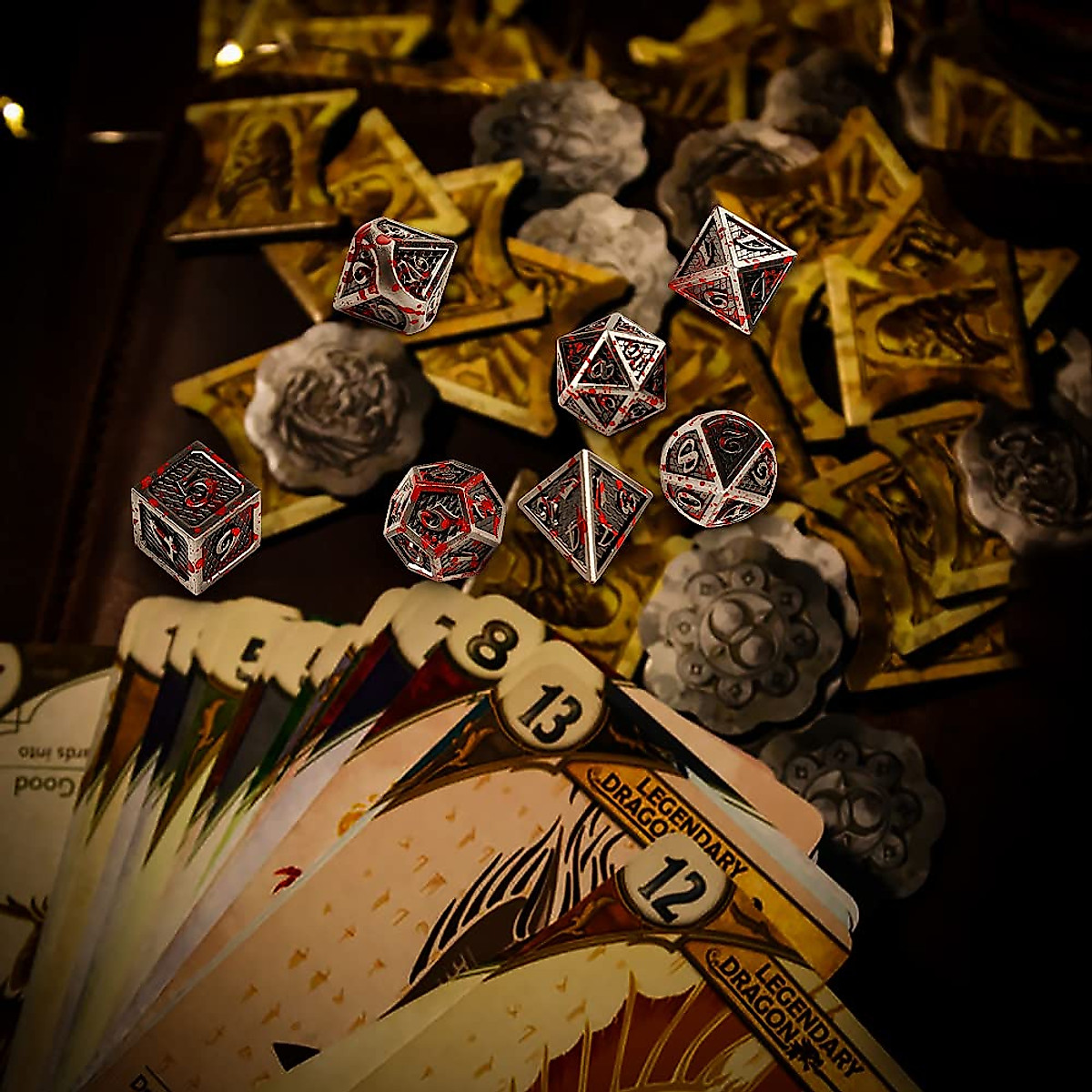 Bloodstained Metal DND Dice Set of 7Pcs with Storage Box, Dragon Scale D&D Dice Set with Oversized D20 for Tabletop Roleplaying Games, Dungeons and Dragons, DND, D&D