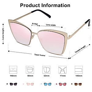 SOJOS Cateye Sunglasses for Women Fashion Mirrored Lens Metal Frame SJ1086 with Gold Frame/Gradient Pink Mirrored Lens