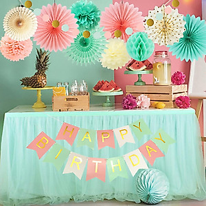 Mint Peach Birthday Party Decorations Mint Green Cream Pink Paper Fans Happy Birthday Banner Circle Dot Garland Baby Shower Bridal Shower Women Grils Mint Birthday Party Decorations