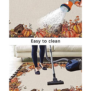 Thanksgiving Fall Outdoor Rug for Patio/Deck/Porch, Non-Slip Area Rug 5x8 Ft, Orange Pumpkin Maple Leaf Black White Plaid Indoor Outdoor Rugs Washable Area Rugs, Reversible Camping Rug Carpet Runner