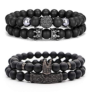 CARSHIER 4 PCS Bracelets for Men Women Friendship Lava Stone Crown Bead Bracelets 8MM Natural Essential Oil Diffuser Beads Bangles Gifts