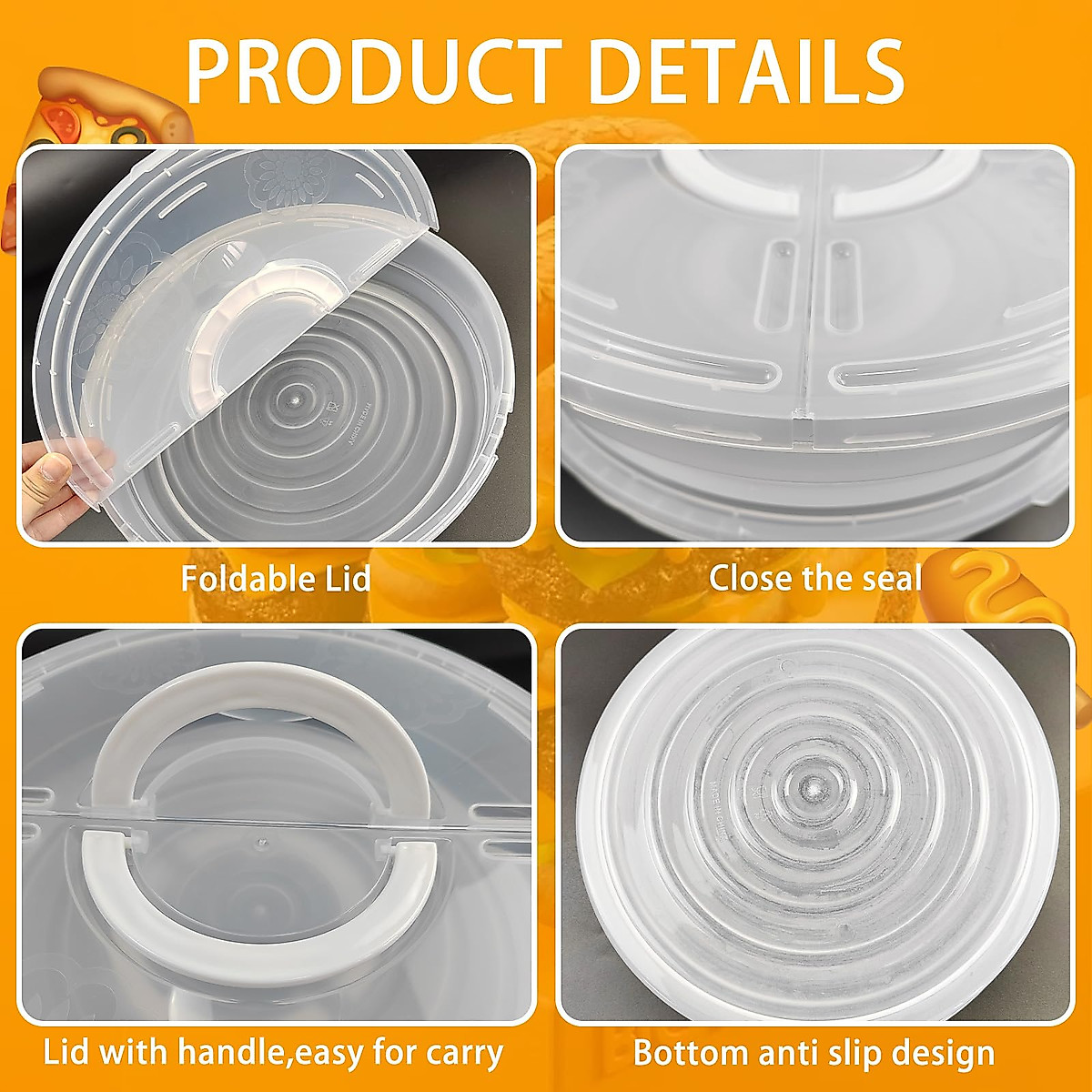 Wensdr 3 Packs 12in Clear Food Storage Container with Lid and Handle Pie Pizza Carrier Container Sets Reusable Two Sided Food Serving Keeper