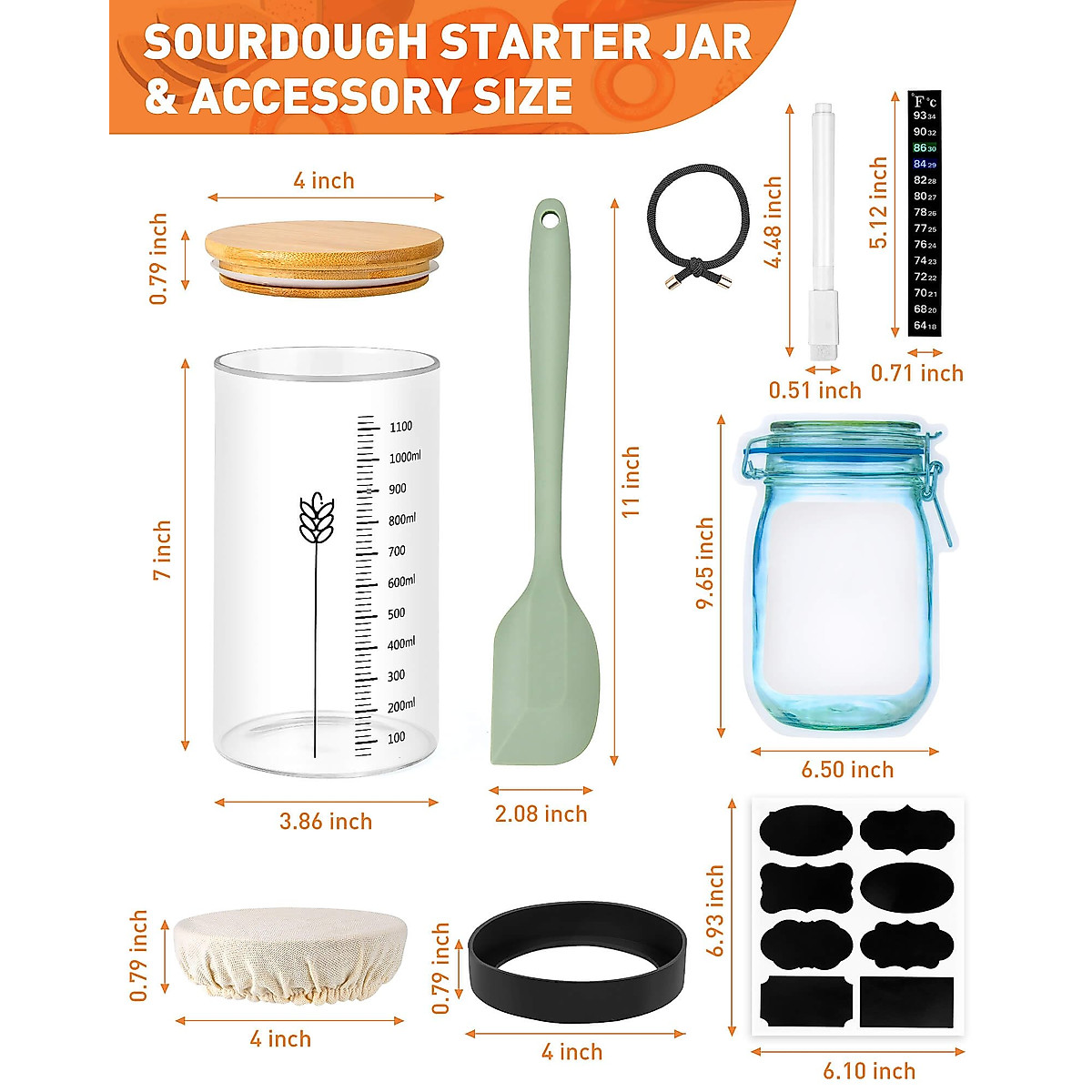 Dangyuxia Sourdough Starter Jar Kit 39 oz Sourdough Starter Jar Sourdough Starter Kit with Thermometer, Sourdough Jar Silicone Spatula, Cloth Cover & Bamboo Lid, for Sourdough Bread Baking Supplie