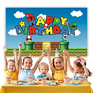 Mario Happy Birthday Party Backdrop, Baby Shower Cake Table Decoration Supplies, Mario Themed Banner (5X3FT)