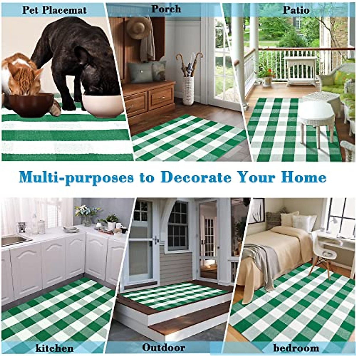 Green Checkered Outdoor Rug Front Door Mat 24'' x 51'', Buffalo Plaid Entryway Rug with 4 Non-Slip Grippers, Farmhouse Vibe Porch Rug Welcome Layered Doormat, Laundry Room/Entrance/Kitchen Rug