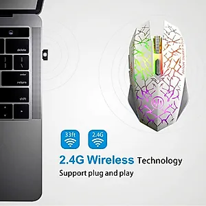 TENMOS K6 Wireless Gaming Mouse, Rechargeable Silent LED Optical Computer Mice with USB Receiver, 3 Adjustable DPI Level and 6 Buttons, Auto Sleeping Compatible Laptop/PC/Notebook (White)