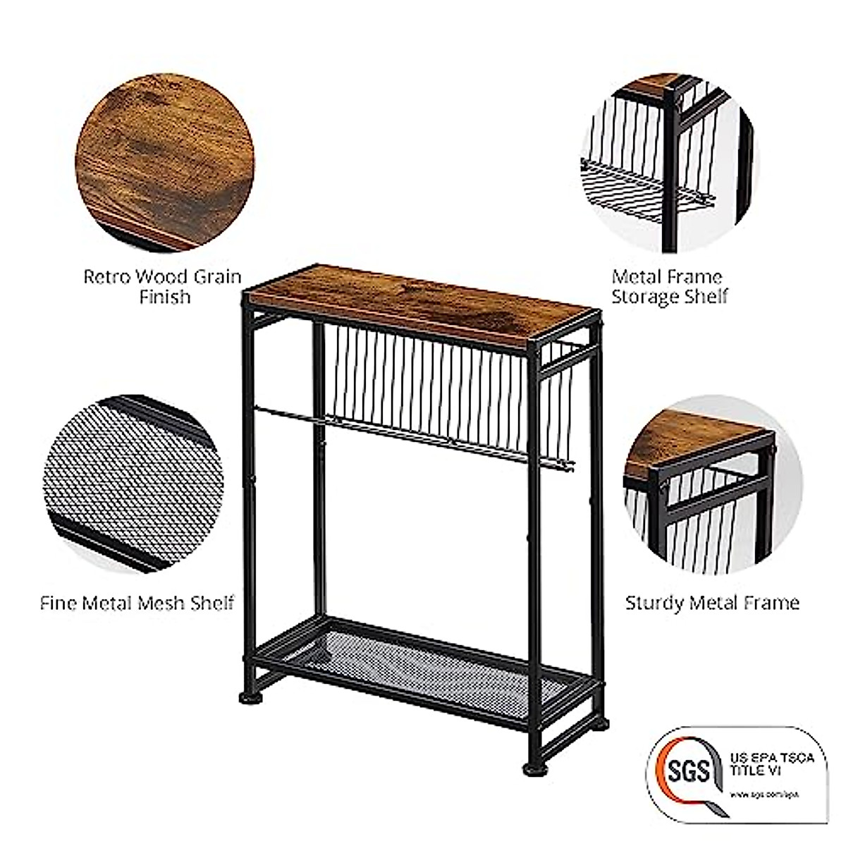 Small Side Table for Small Spaces - Slim End Table with Magazine Holder - 2 in 1 Design Narrow End Table Living Room - Skinny Bedside Table Nightstand Bedroom Thin Side Table, Rustic Brown