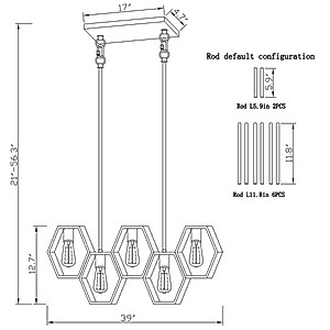 ACNKTZ 5-Light Dining Room Light Fixtures Over Table, Industrial Kitchen Island Lighting, Adjustable Height Hanging Rectangular Chandelier, Modern Pool Table Lights, Black/Gold Finish