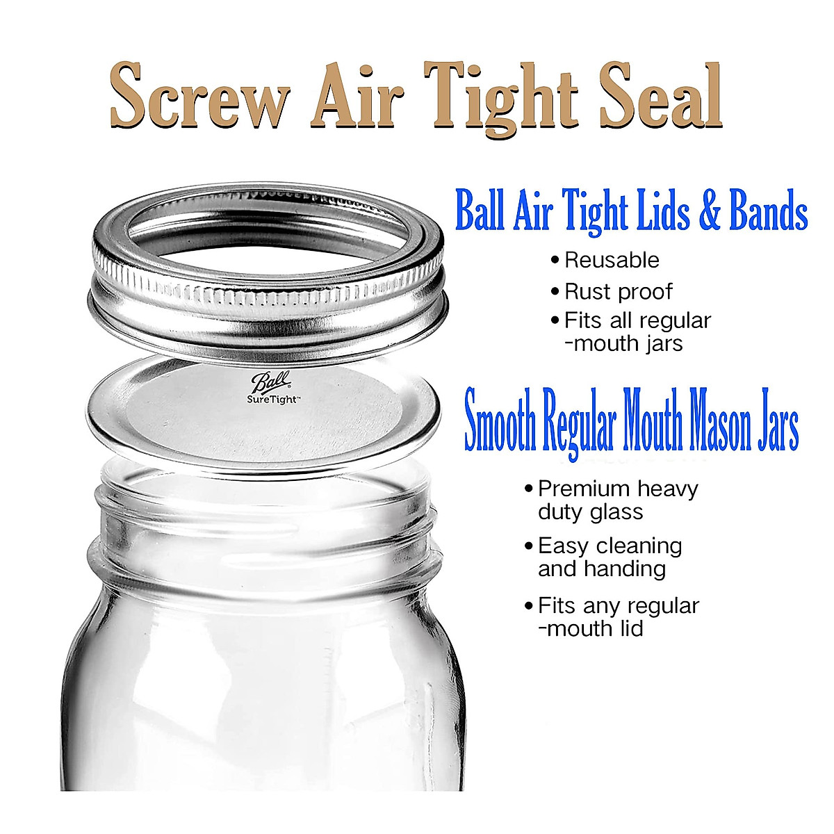 Regular Mouth Mason Jars 32 oz - (2 Pack) - Regular Mouth 32-Ounces Mason Jars With Ball Airtight lids and Bands - For Canning, Fermenting, Pickling, Freezing - Glass jar, Microwave & Dishwasher Safe