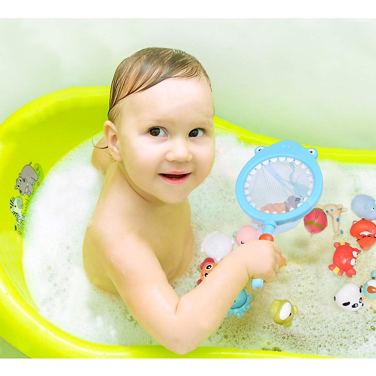 FUN LITTLE TOYS 18PCS Baby Bath Toys with Soft Cute Ocean Animals Bath Squirters and Fishing Net, Water Toys for Kids