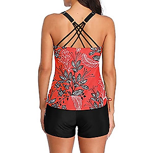 Tempt Me Two Piece Tankini Swimsuits for Women Tummy Control Bathing Suit with Shorts Athletic Swimwear Coral XL