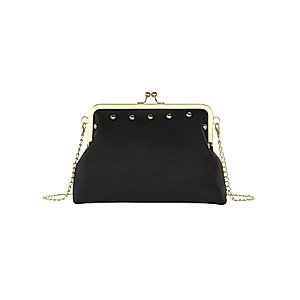 Olivia Miller Women's Fashion PU Leather Evening Bag Black Elegant Formal Crossbody Handbag Wedding Prom Party Clutch w Kiss Lock Closure n Detachable Chain