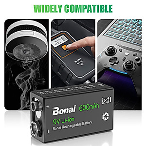 BONAI Rechargeable 9V Batteries 600mAh High Capacity 9V Rechargeable Batteries,(4 Pack) 9 Volt Lithium Batteries for Smoke Alarms Metal Detector etc - Long-Lasting & Economical