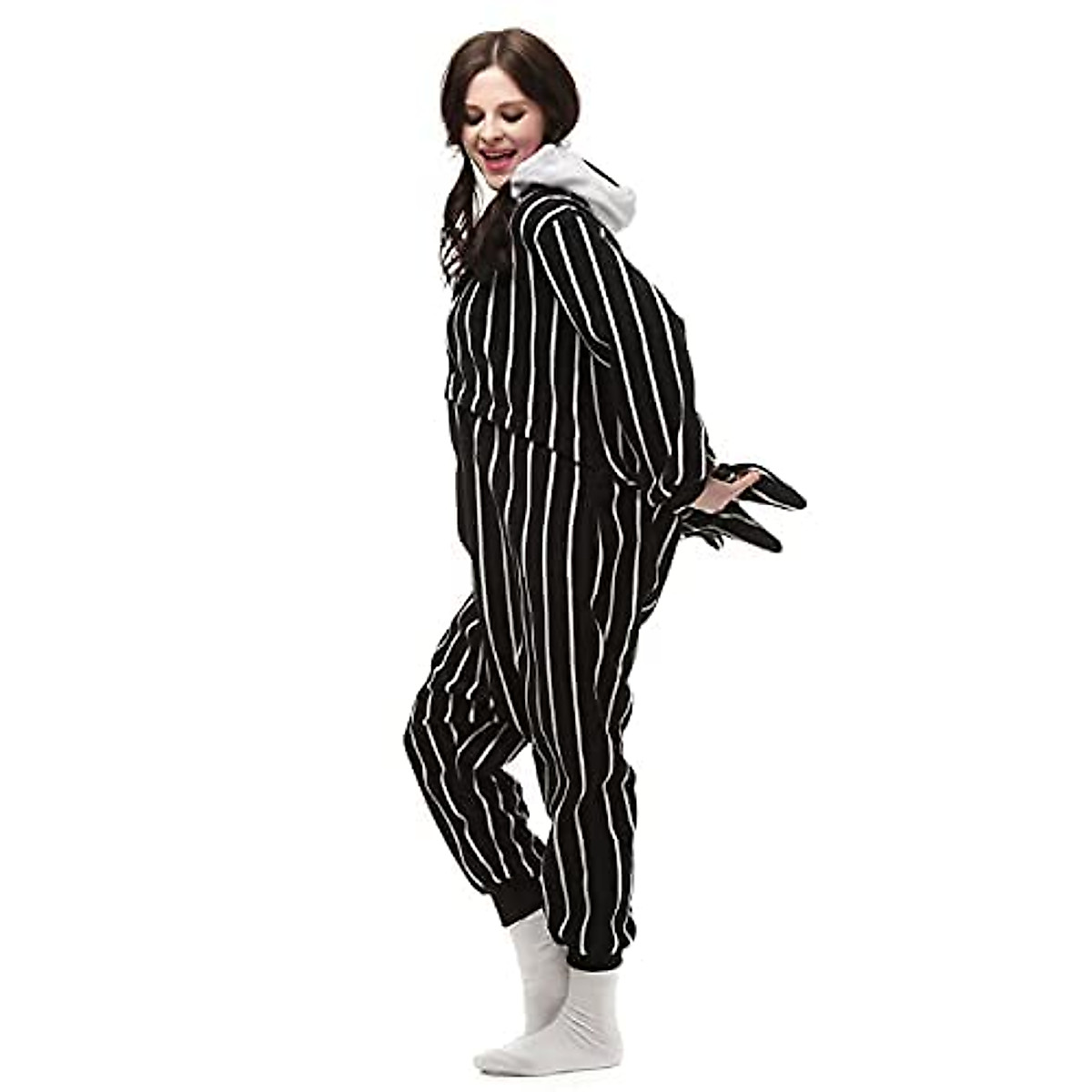 Jack Skellington Costume Onesie Adult Nightmare Cosplay Halloween Christmas Stripe Pajama Jumpsuit (US, Alpha, Medium, Regular, Regular, Stripe)