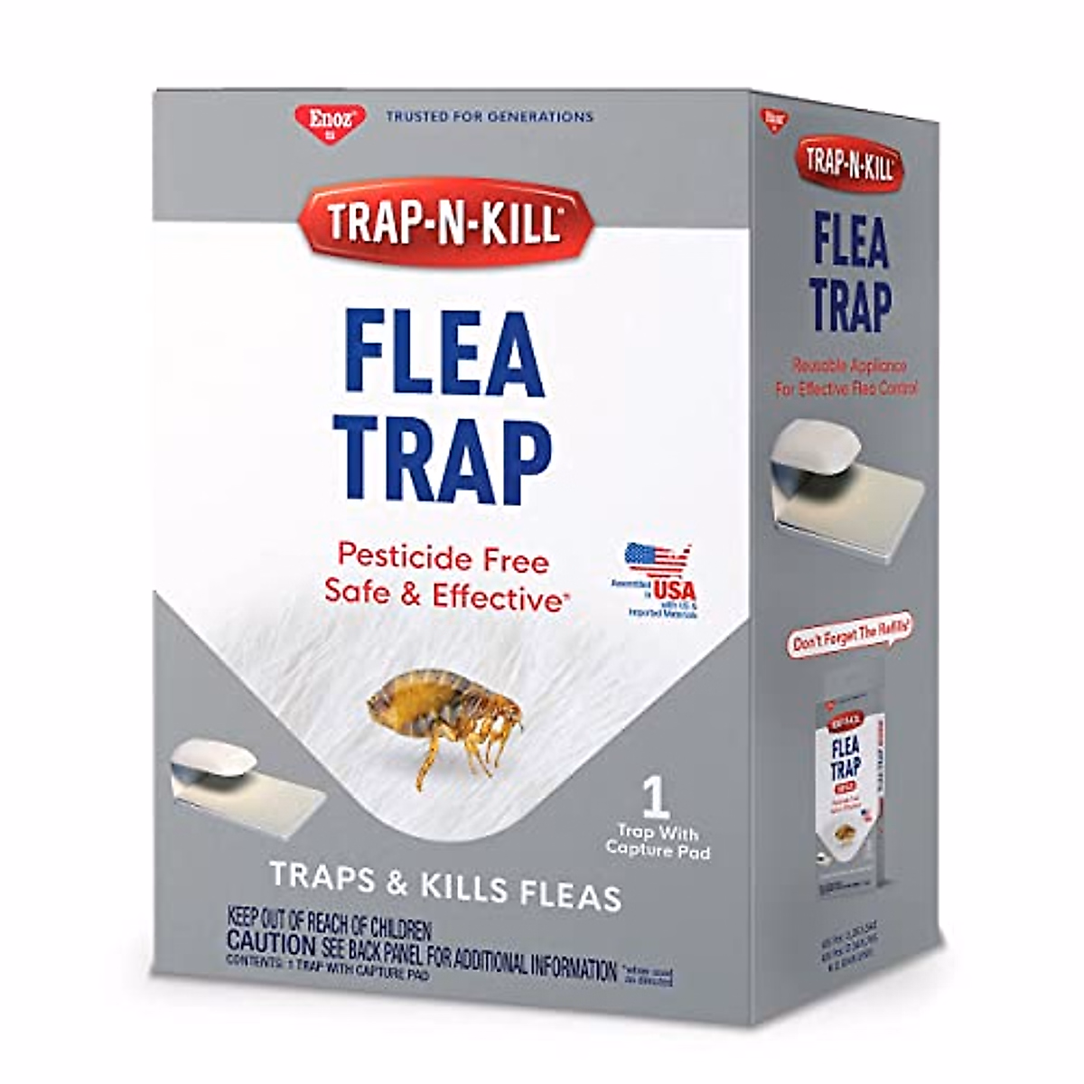 Enoz Trap-N-Kill Indoor Flea Trap with Lightbulb and Sticky Capture Pad, Nontoxic, Made in USA