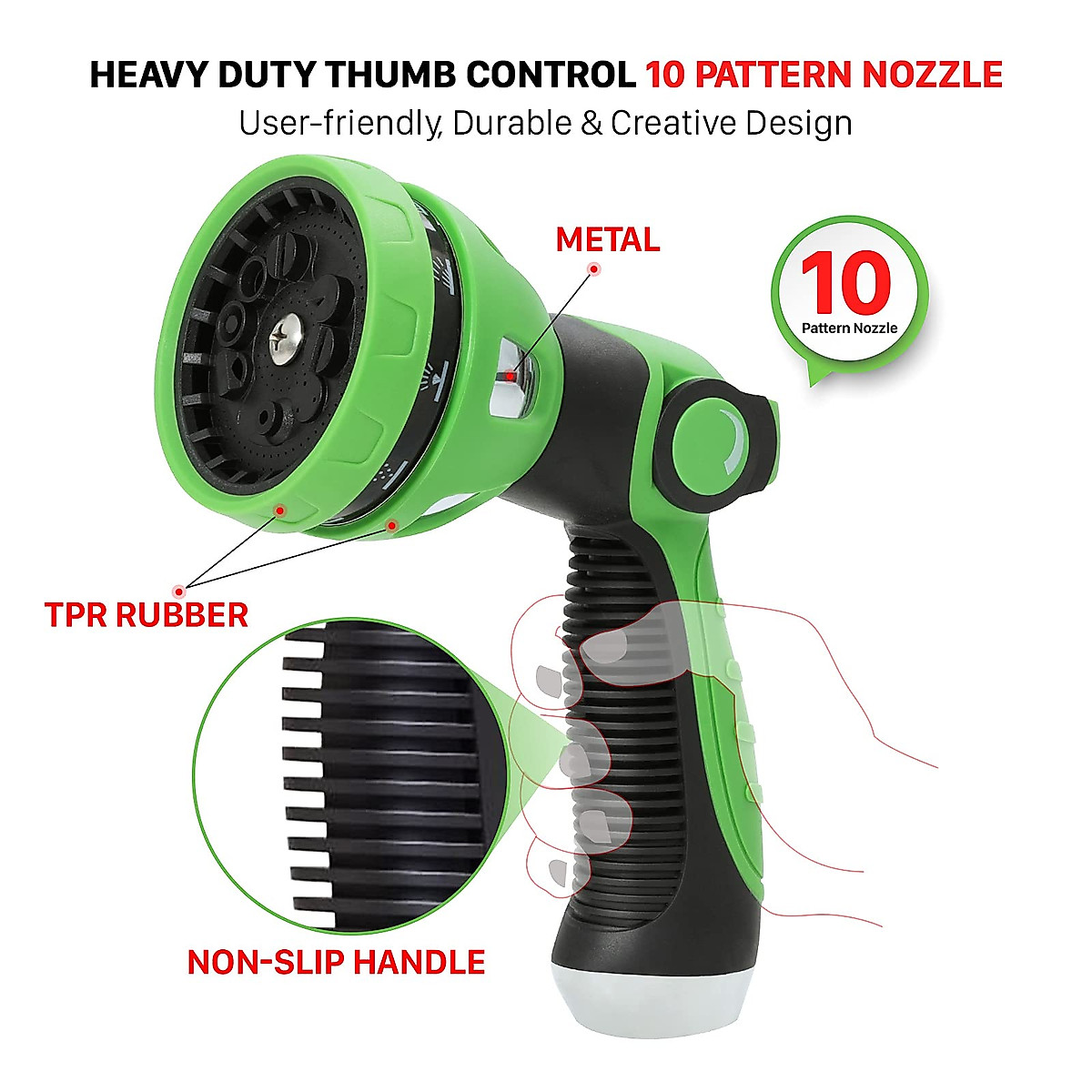Garden Hose Nozzle, 10 Patterns Metal Water Hose Nozzle Heavy Duty Hose Spray Nozzle with Thumb Control for Watering Lawns,Car Washing,Bathing Pets Green