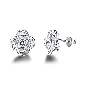 FANCIME White Gold Plated Real Sterling Silver Hypoallergenic Stunning Cubic Zirconia CZs Big/Large Daith Flower Knot Studs Earrings For Women Wedding Bridal，Size 12mm