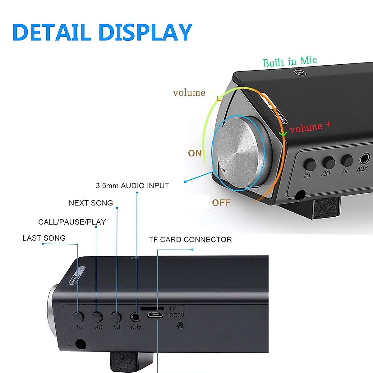 TOPROAD Sound Bar | Soundbar Wired and Wireless Bluetooth 5.0 Speaker | Built in Mic | for Cell Phone/Tablet/Projector and Support TV with AUX/RCA Output