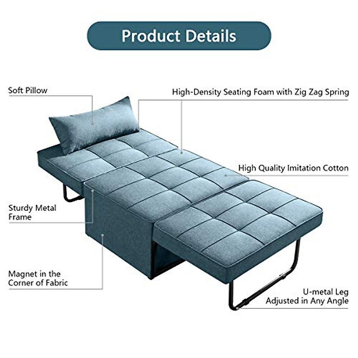 Vonanda Sofa Bed, Convertible Chair 4 in 1 Multi-Function Folding Ottoman Modern Breathable Linen Guest Bed with Adjustable Sleeper for Small Room Apartment,Denim Blue