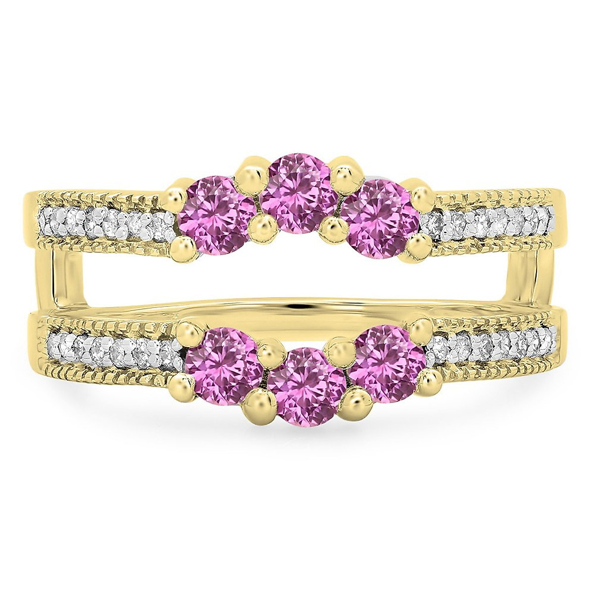 Dazzlingrock Collection 14K Pink Sapphire & White Diamond Wedding Band 3 Stone Enhancer Guard Ring, Yellow Gold, Size 6