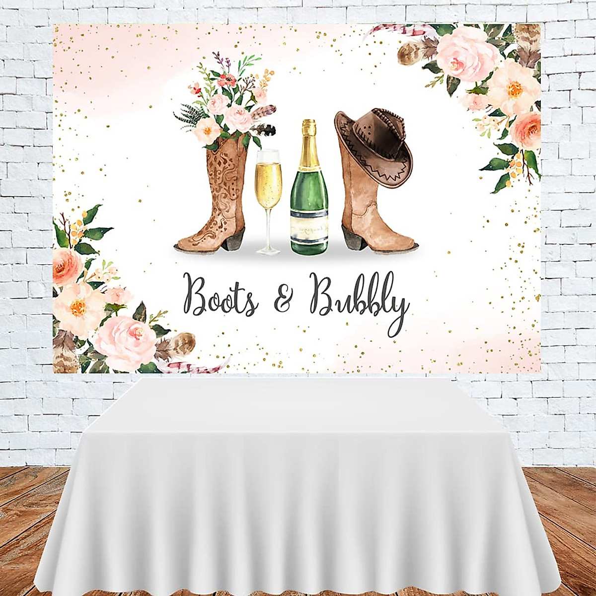 Lofaris Boots and Bubbly Bridal Shower Backdrop Western Country Wedding Background Champagne Bride to Be Engagement Party Decor Cake Table Banner 7x5ft