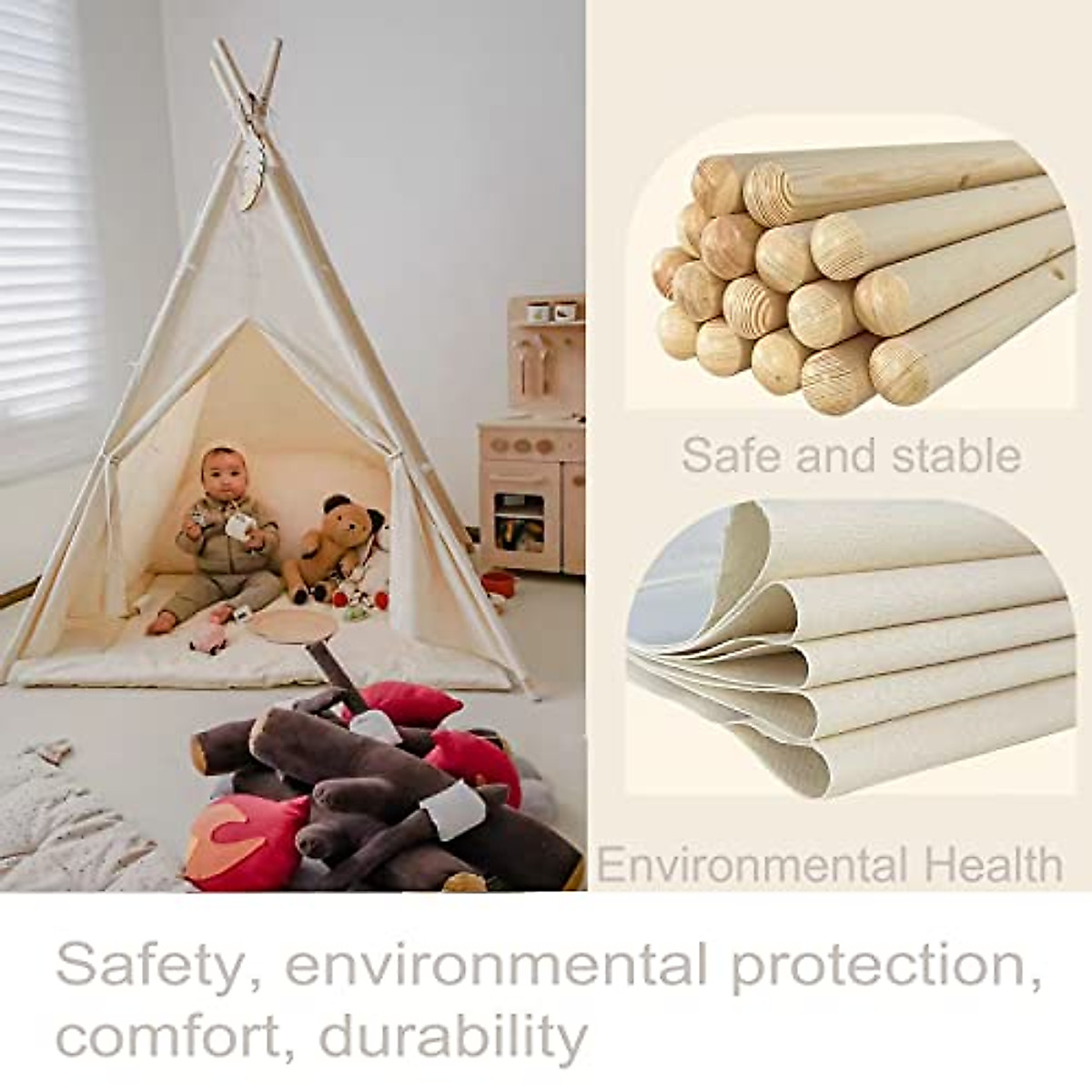 RongFa Teepee Tent for Kids-Portable Children Play Tent Indoor Outdoor (Beige Without Mat)