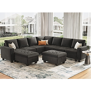 Belffin Oversized Velvet Modular 8-Seat Sectional Sofa Set with Storage Ottoman U Shaped Couch Set Modular Sectional Convertible Sofa Couch with Reversible Chaise Corner Sofa Couch Set Grey