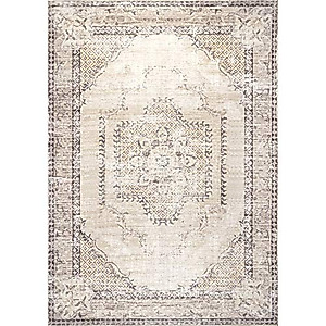 nuLOOM Glenda Machine Washable Faded Medallion Area Rug, 4' x 6', Light Grey