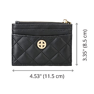 PEONY SUPREME Luxury Black Quilted Leather Card Case with Snap Hook and Key Ring Holder Credit Small Wallet Compact Business Money Organizer Gift for Women Girl
