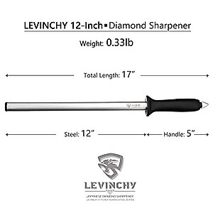 LEVINCHY Diamond Knife Sharpening Steel 12 inch, Professional Diamond coating Honing Steel, Premium Diamond Knife Sharpener Rod for all knives, Lightweight & Durable
