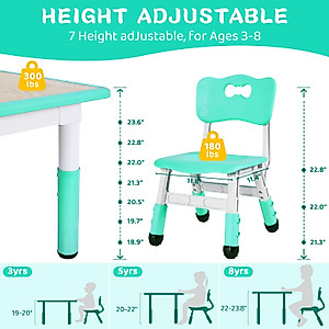 AuAg Kids Table and 4 Chairs Set, Height Adjustable Toddler Study Table and Chair Set for Age 2-10, Multi-Activity Art Table W/Graffiti&Scrubtable Desktop, for Daycare, Classroom, Home (Mint Blue)