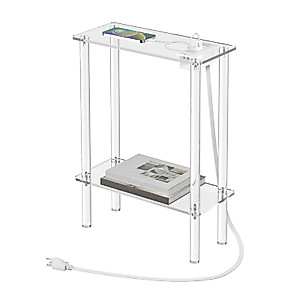 HMYHUM Acrylic Narrow Side Table with Charging Station, 7" Width, 2 Tier Small End Table for Small Spaces, Skinny Nightstand/Bedside Table with USB Ports & Outlet, Clear