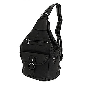Womens Leather Convertible 7 Pocket Medium Size Tear Drop Sling Backpack Purse Shoulder Bag, Black