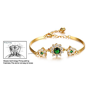 L & J 18k Yellow Gold Sparkling Green Rhinestone Halo Diamond Cut AAA CZ Flower Bangle Bracelet for Women