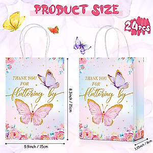 24 Pcs Butterfly Party Favors Gift Bags Goodie Treat Candy Bags Thank You for Fluttering by Paper Bags with Handles for Girls Butterfly Birthday Party Supplies Baby Shower (Watercolor Style)