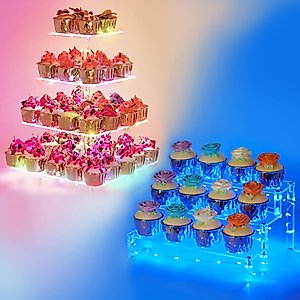 YestBuy 3 Tier Shelf Cake Pop Stand (Blue) + 4 Tier Premium Cupcake Holder – Acrylic Cupcake Tower Display – Cady Bar Party Décor – Acrylic Display for Pastry Weddings, Birthday(Colorful Light)