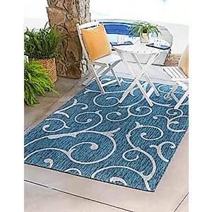 Unique Loom Outdoor Botanical Collection Area Rug - Curl (9' x 12' Rectangle, Teal/ Ivory)