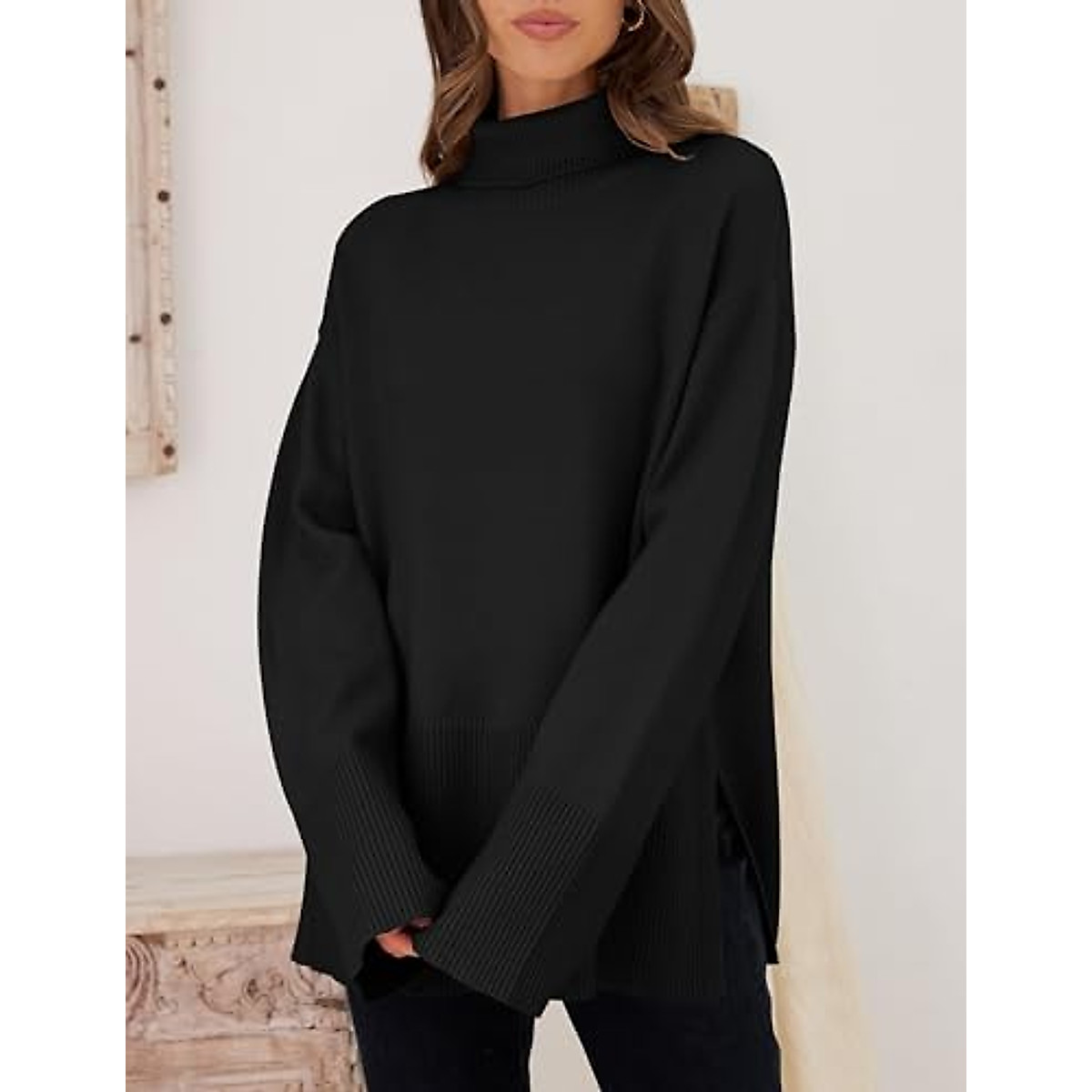 ZESICA Women's Turtleneck Sweaters Fall Winter Long Sleeve Oversized Split Hem Knitted Pullover Jumper Sweater Tops,Black,Large