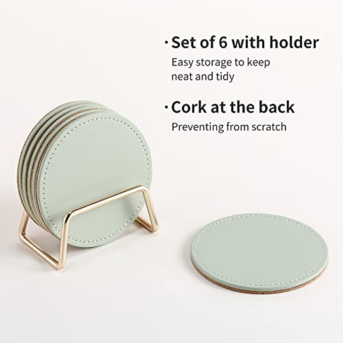 CASEGRACE Drink Coasters with Metal Holder Stand Set of 6, PU Leather Absorbent Coasters with Cork Base Table Coaster Set Decorative Coffee Cup Coasters Housewarming Gift for Home Decor