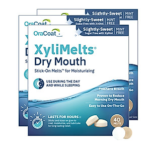 OraCoat XyliMelts Dry Mouth Relief Moisturizing Oral Adhering Discs 40 Count, 3 Pack, Slightly-Sweet with Xylitol, for Dry Mouth, Stimulates Saliva