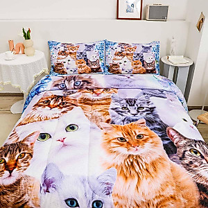 Feelyou Kawaii Animals Cute Comforter Twin Bedding Sets for Girls, Cartoon Cat Toddler Bedding Set Boys Soft Warm Comforter Set Cat Lovers Animal Decor Bedroom 1 Comforter + 1 Pillowcase,All Seasons