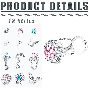 JOERICA 12Pcs 20G Dangle Nose Rings Nose Studs Corkscrew Dangle Nose Rings for Women Men Stainless Steel Nose Piercing Jewelry CZ Heart Moon Butterfly Nose Rings Studs Silver Tone