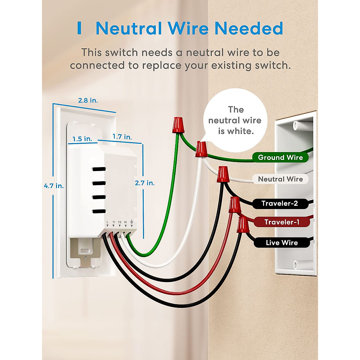 meross 3 Way Smart Switch, Smart Light Switch Supports Apple HomeKit, Siri, Alexa, Google Assistant & SmartThings, 2.4GHz WiFi Light Switch Neutral Wire Required, Remote Control Timer 1 Pack