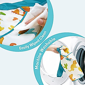 Long Sleeve Bibs for Babies Boys 6-12-18-24 Months Waterproof Toddler Shirt Bib with Sleeves Food Catcher for Feeding Eating Led Weaning Mess Proof Smock Bib Wearable Reusable Washable Quick Dry