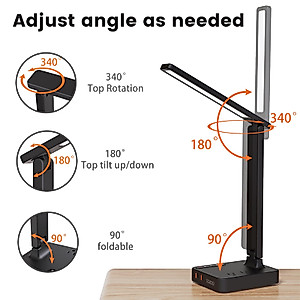 Wood LED Desk Lamp with 3 USB Charging Ports and 2 AC Outlets,3 Color Temperatures & 3 Brightness Levels, Touch/Memory/Timer Function,10W Eye Protection Foldable Reading Light,Office Table Lamp Wood