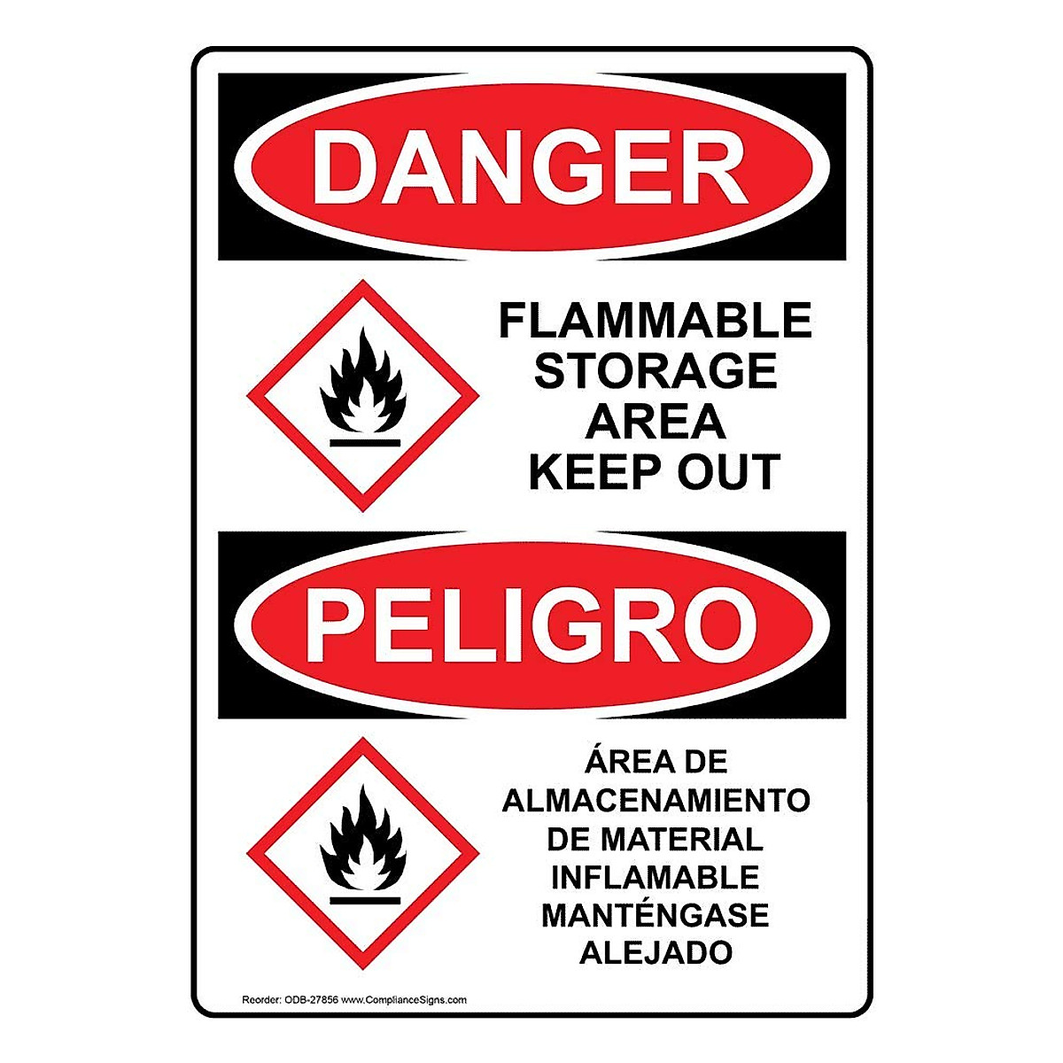 ComplianceSigns.com DANGER Flammable Storage Area Keep Out English + Spanish OSHA GHS Safety Sign, 10x7 in. Plastic for Hazmat Restricted Access
