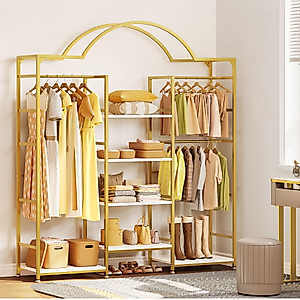 DWVO Heavy Duty Clothes Rack with Storage Shelves, Closet Organizer System for Hanging Clothes, 4-Tier Garment Rack Wardrobe with 3 Hanging Rods and 6 Shelves, Gold