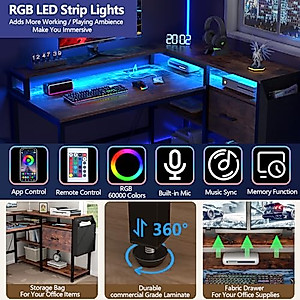 Loomie L Shaped Computer Desk with Power Outlets, 55"Wx41"D Reversible Corner Desk with LED Light, Drawer & Monitor Stand,Home Office Gaming Desk with 4 Tier Storage Shelves & Bag, Study Table,Rustic