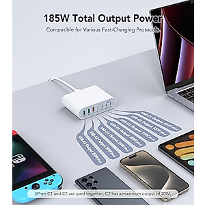 185W USB C Fast Charger Block, 7 Port USB C Charger Charging Station Hub Brick Multiport Charger Laptop Power Adapter for MacBook Pro Air iPad Pro iPhone 15 14 13 12 Galaxy Note S23 Pixel Steam Deck